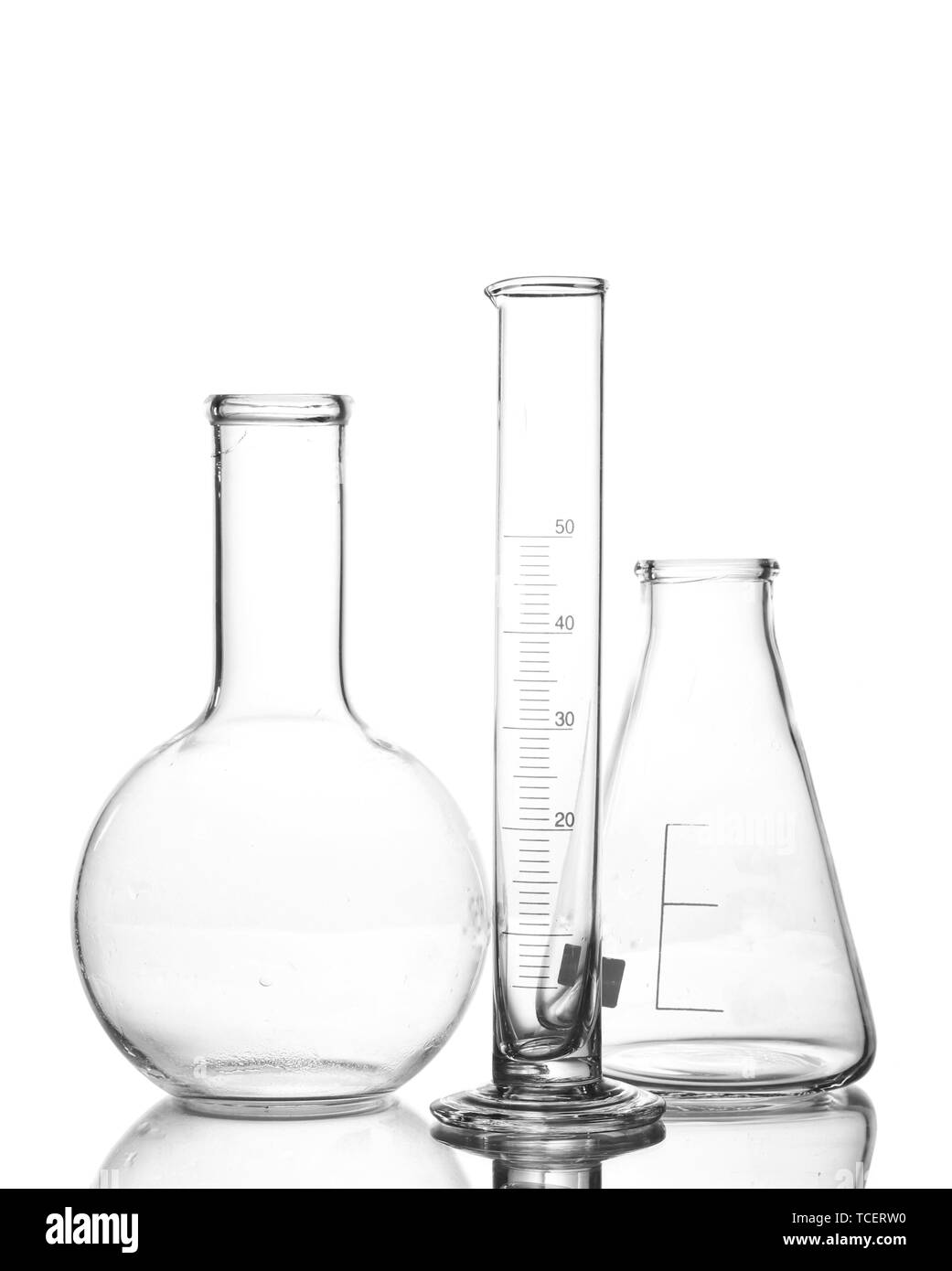 Three empty laboratory glassware with reflection isolated on white ...