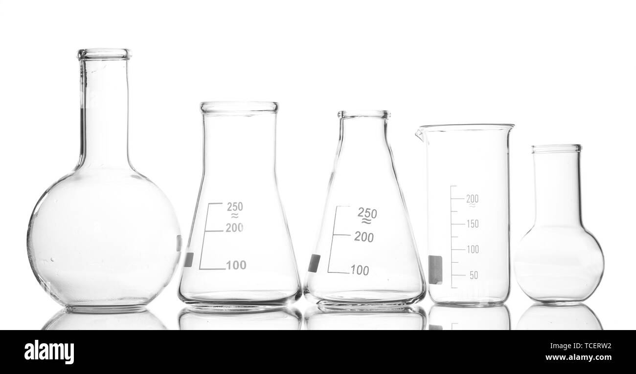 Empty laboratory glassware with reflection isolated on white Stock ...
