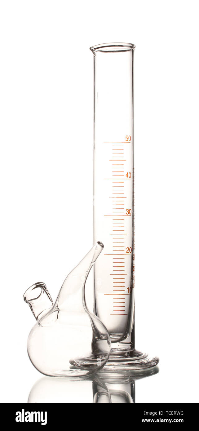 Two empty laboratory glassware with reflection isolated on white Stock ...