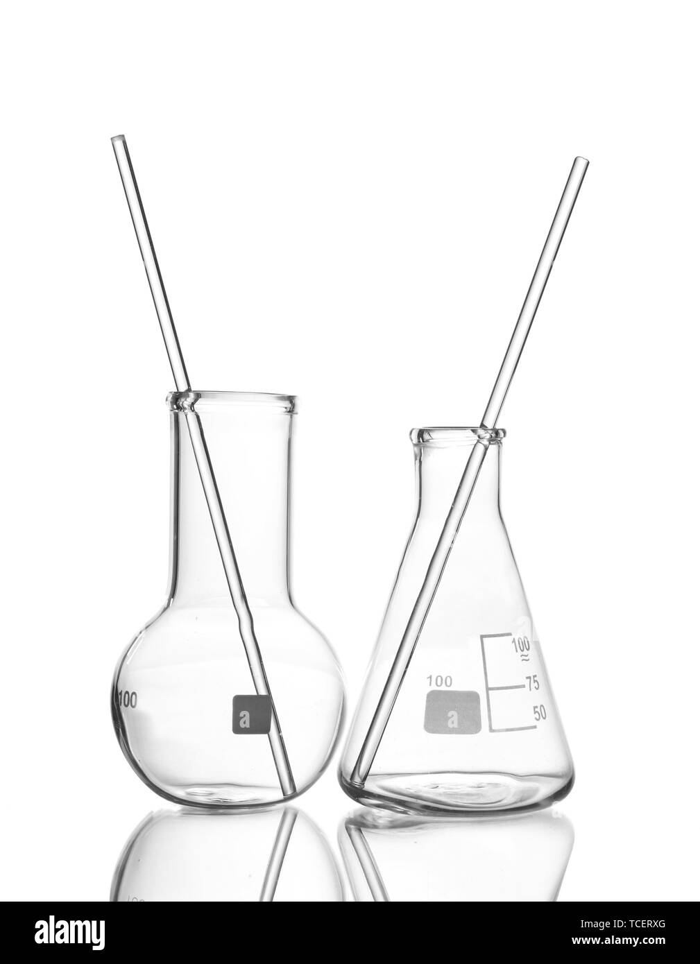 Laboratory glassware flasks beaker isolated Black and White Stock ...