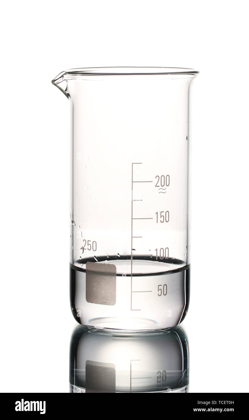 Measuring beaker with water and reflection isolated on white Stock ...