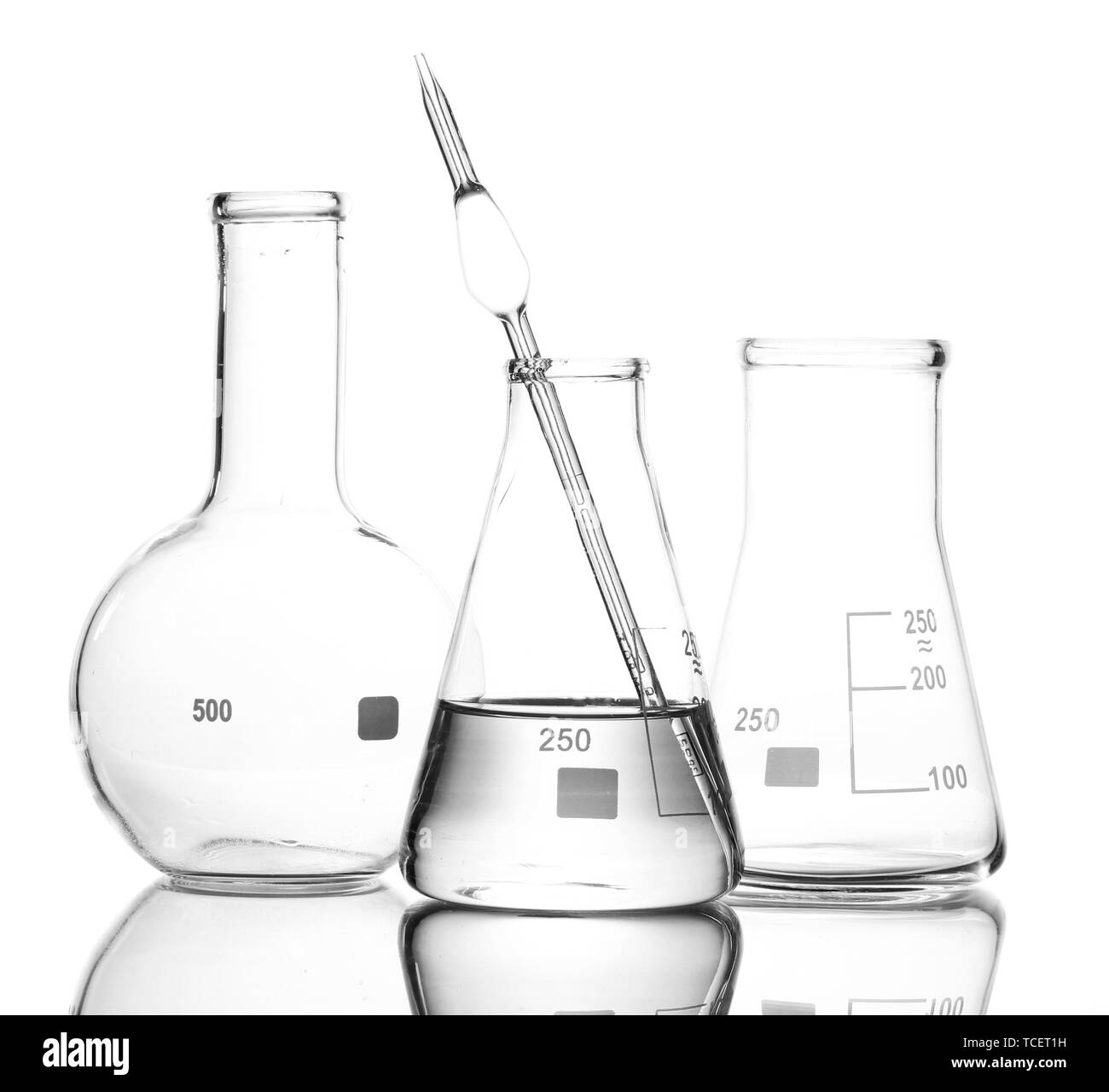 One flask with water and two empty flasks with reflection isolated on ...