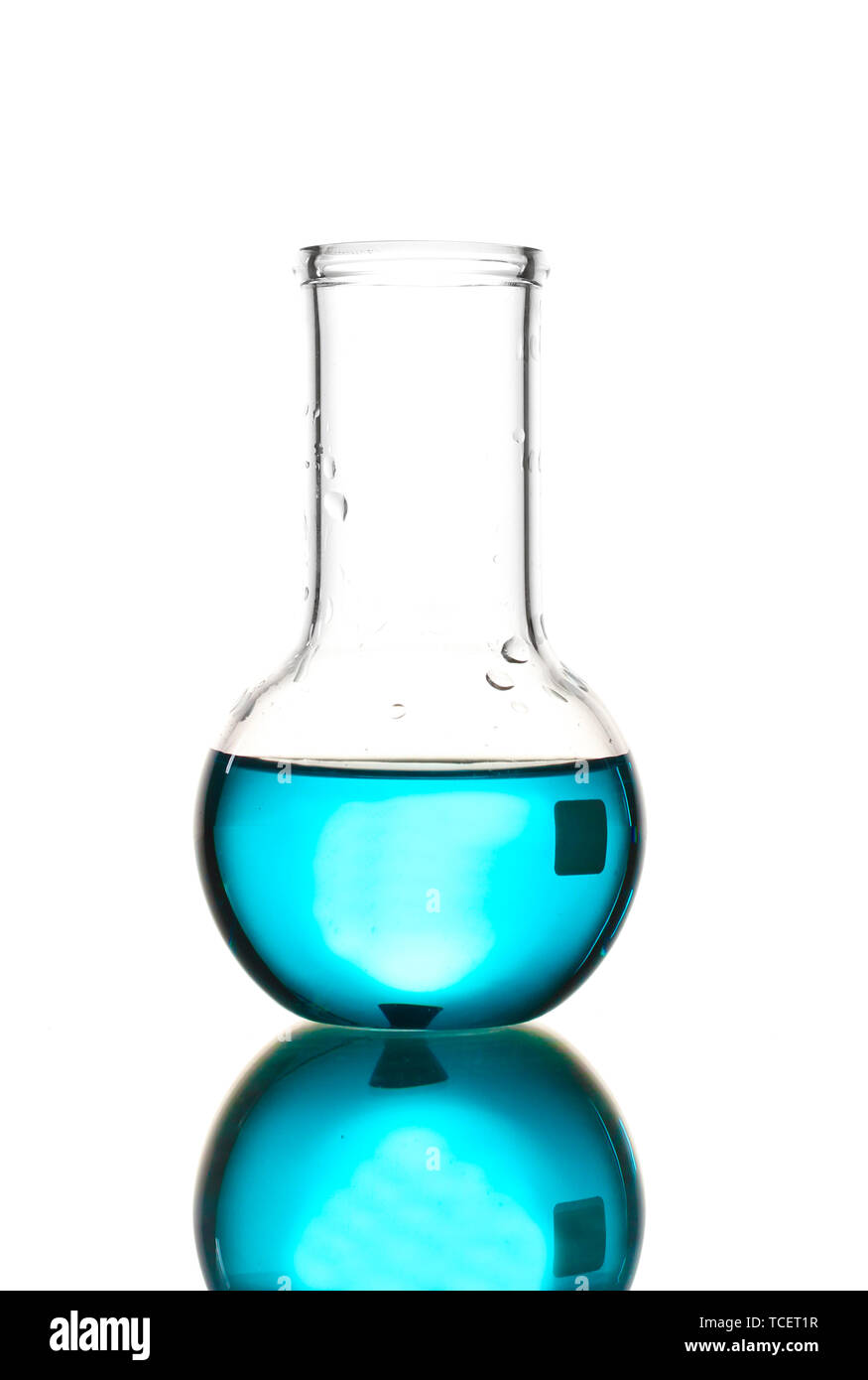 Flask with blue liquid and reflection isolated on white Stock Photo - Alamy