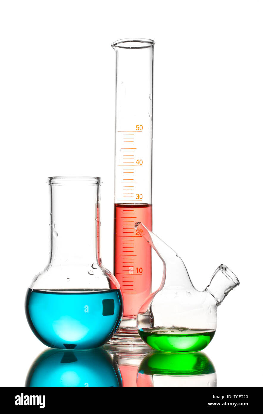 Three flasks with color liquid and with reflection isolated on white ...