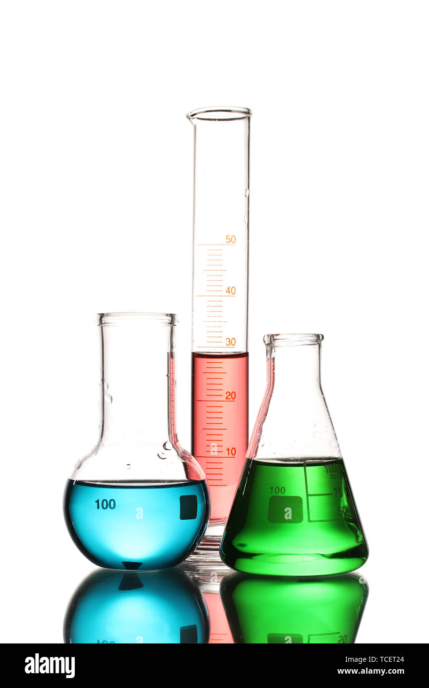 Three flasks with color liquid and with reflection isolated on white ...