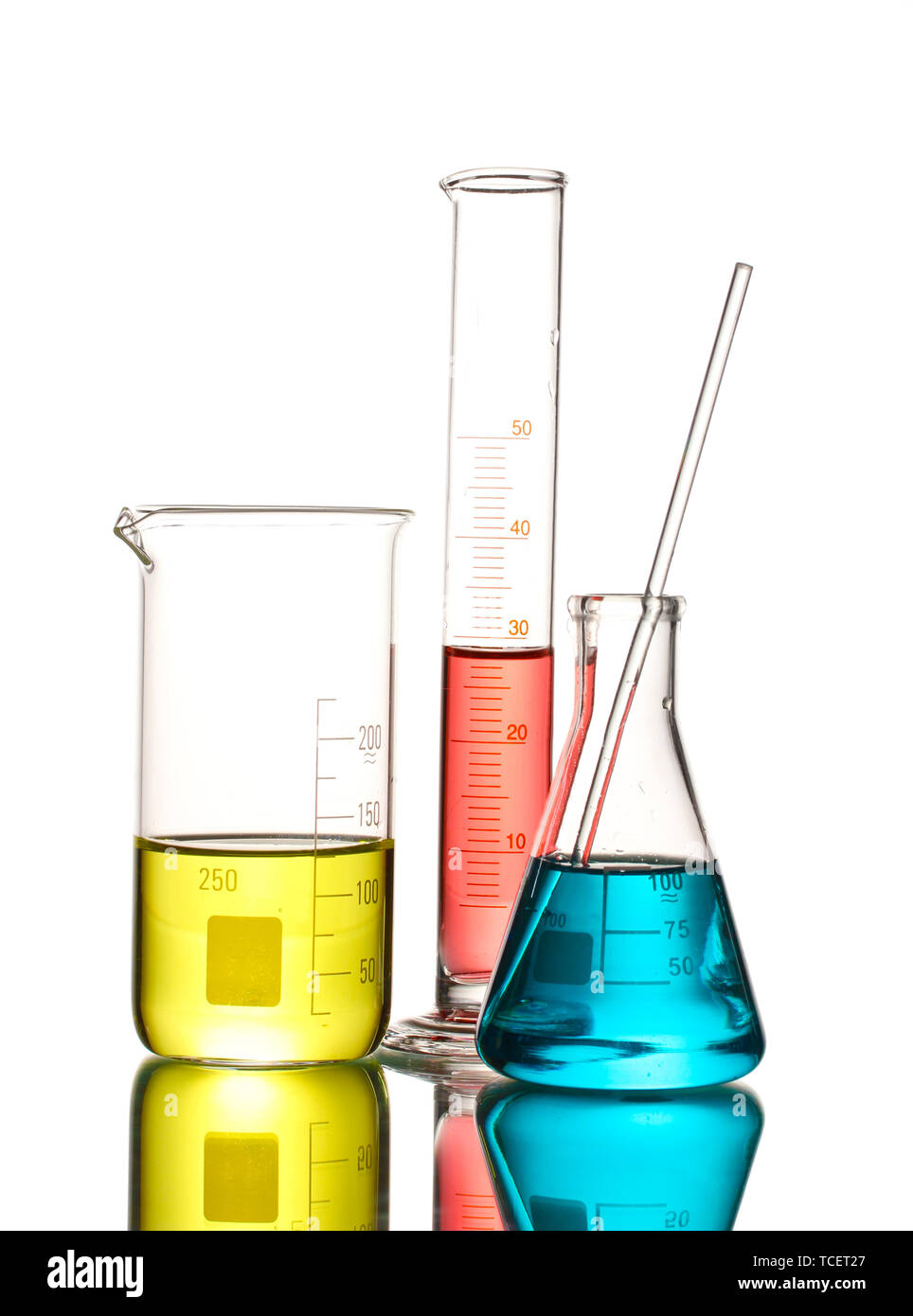 Three flasks with color liquid and with reflection isolated on white ...
