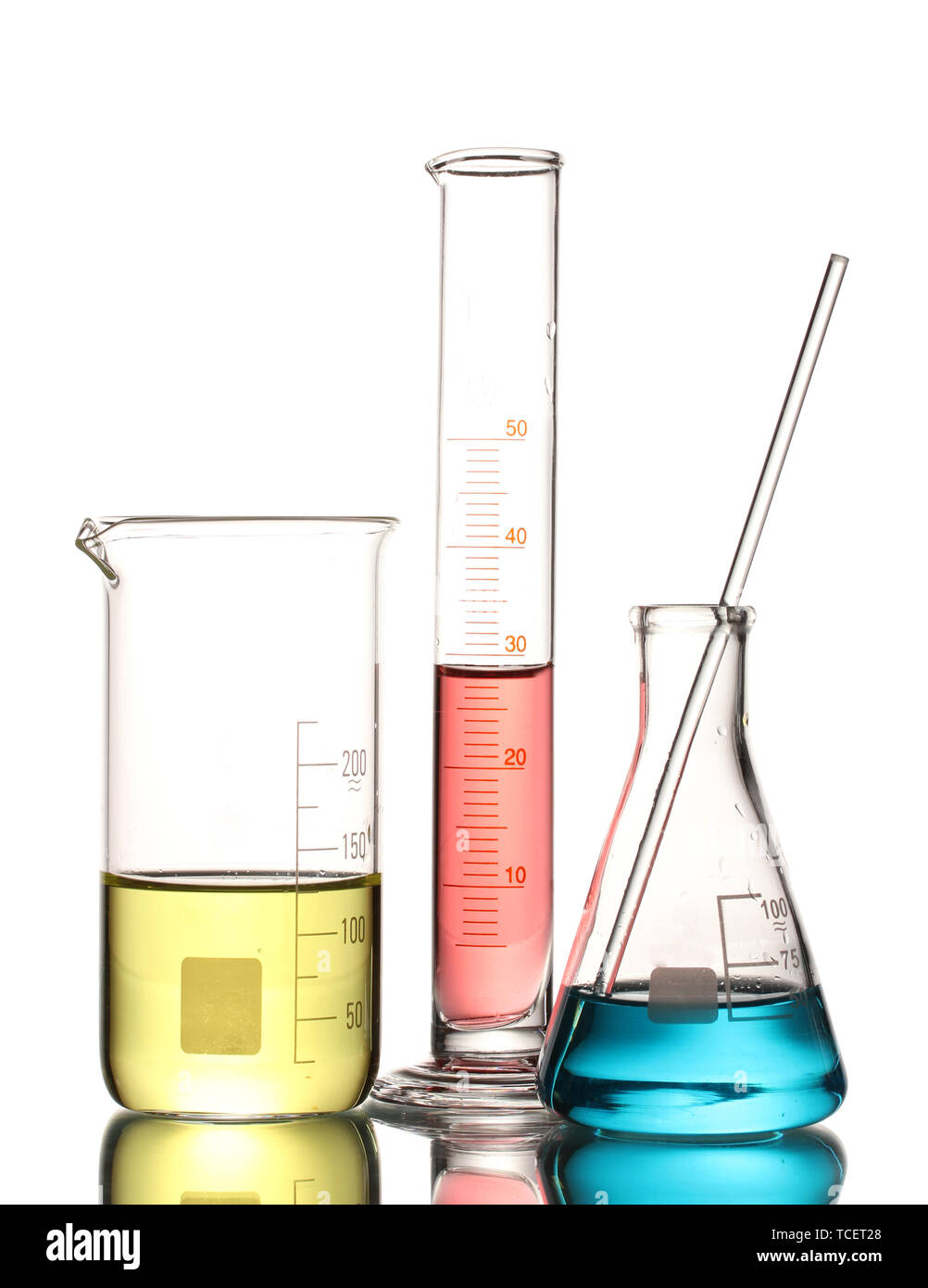 Three flasks with color liquid and with reflection isolated on white ...