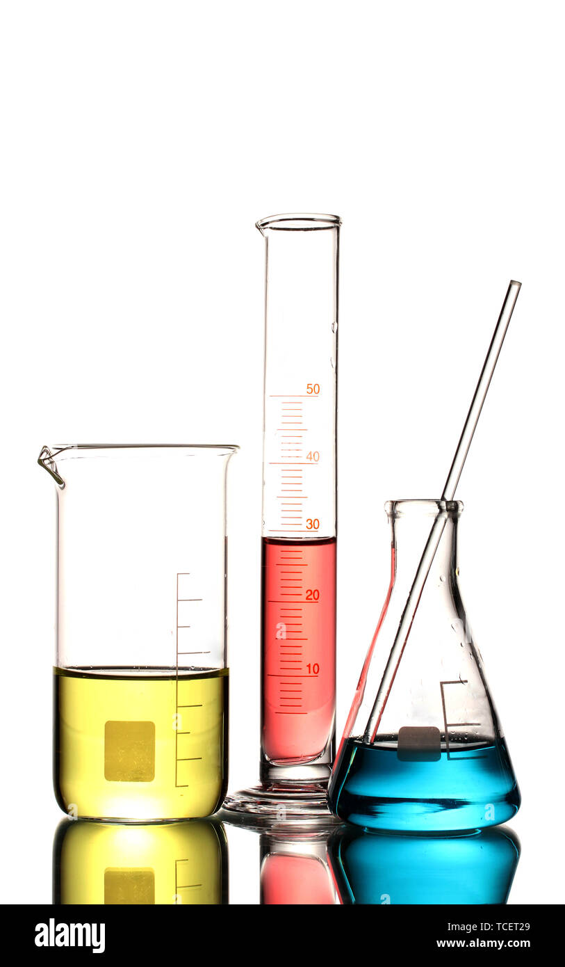 Three flasks with color liquid and with reflection isolated on white ...