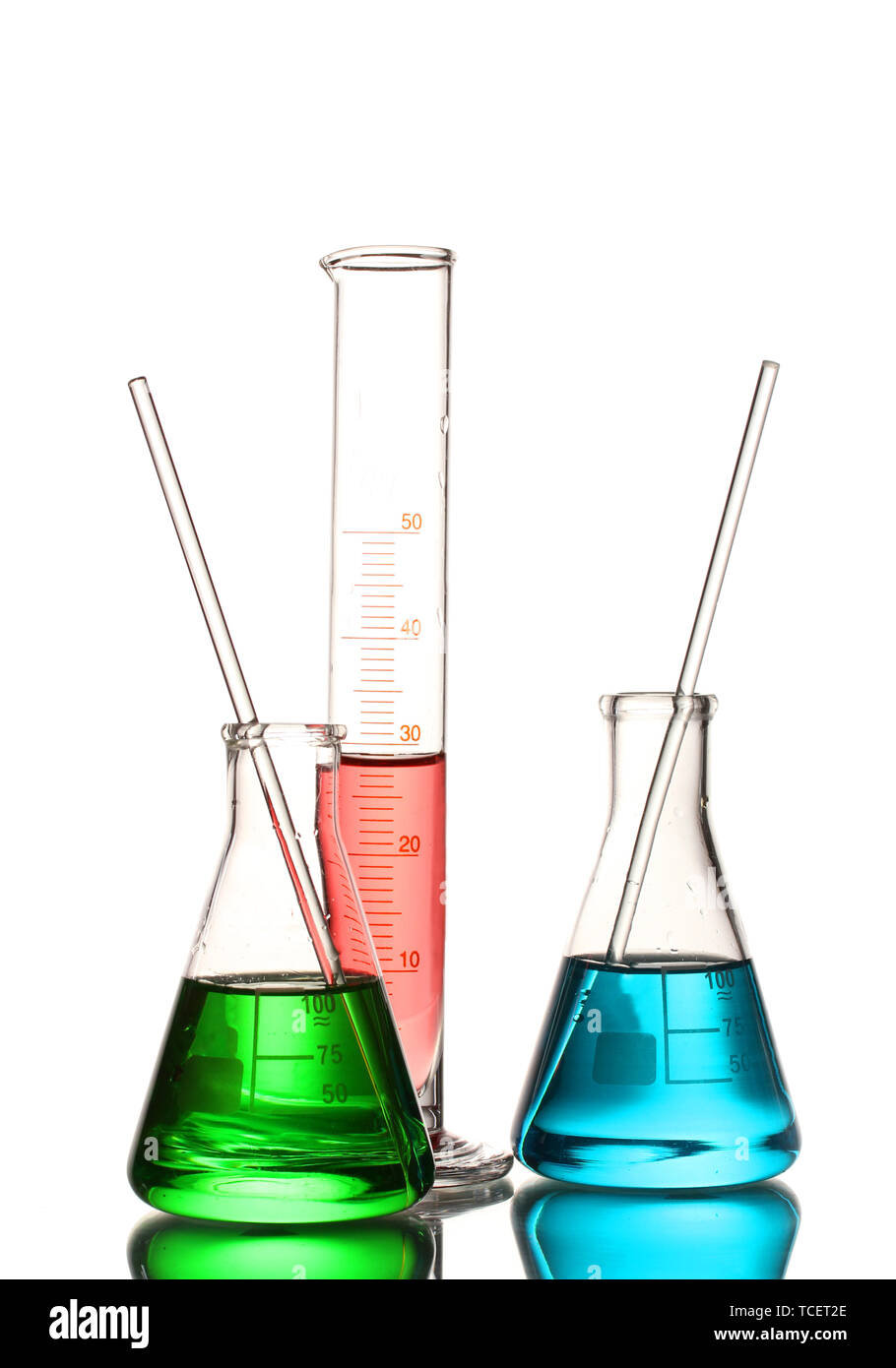 Three flasks with color liquid and with reflection isolated on white ...