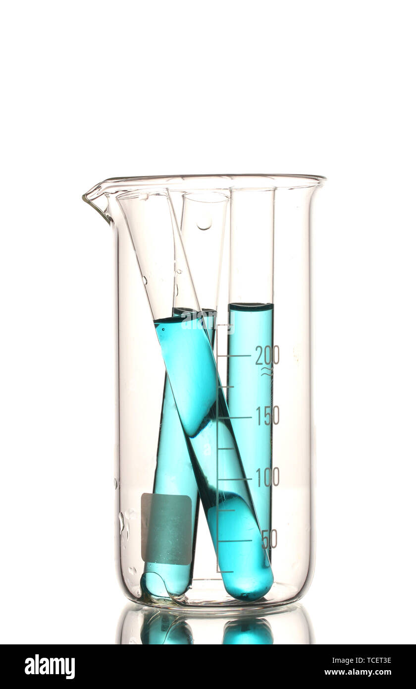 Laboratory tubes with blue liquid in measuring beaker with reflection ...