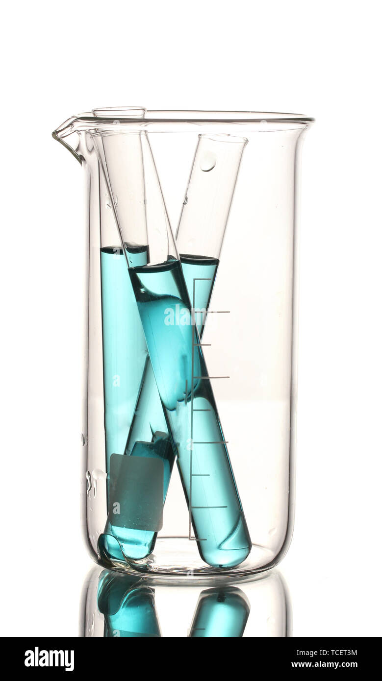 Laboratory tubes with blue liquid in measuring beaker with reflection ...