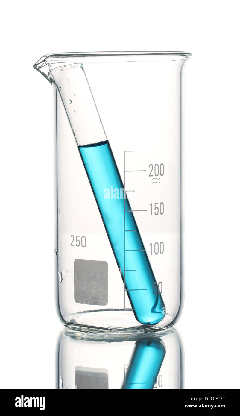 Laboratory tubes with blue liquid in measuring beaker with reflection ...