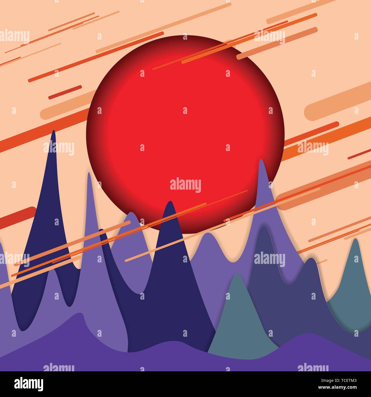illustration of big red sun in the mountains with paper cut and shadow ...