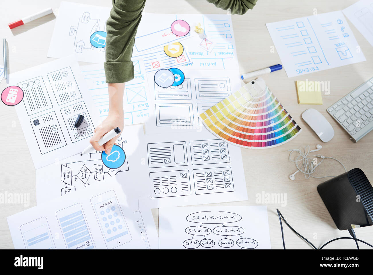 Wireframes of future project, paper samples of icons and color palette ...