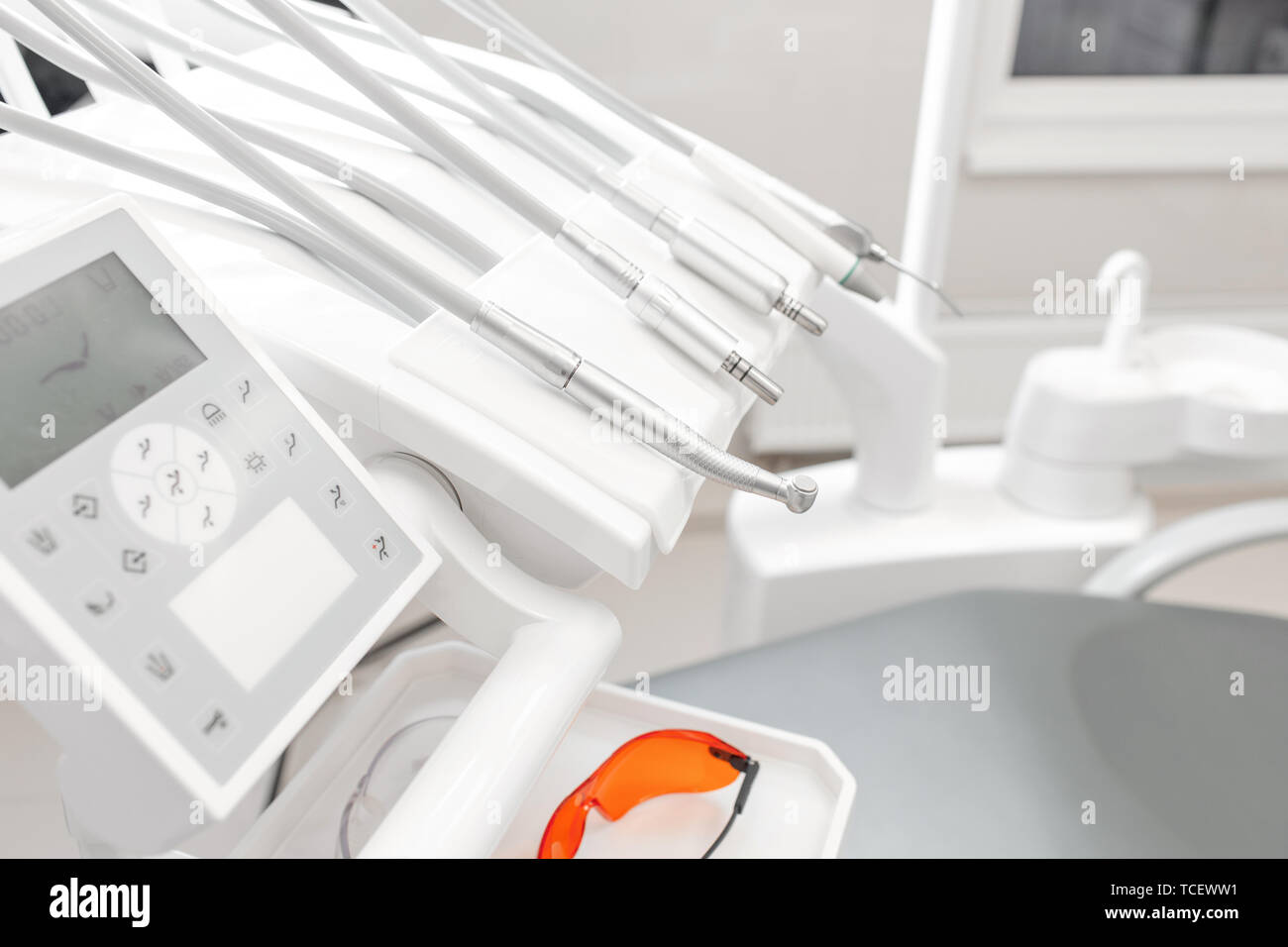 Closeup of a modern dentist tools. Drill tool in dental clinic ...