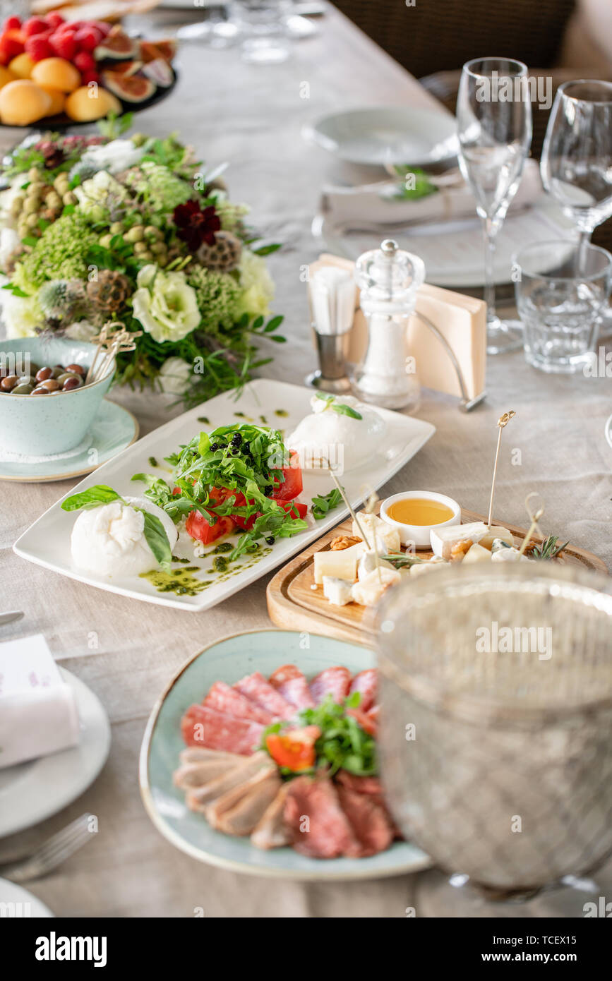 Gala dinner, serving table for birthday or wedding. Different meals for ...