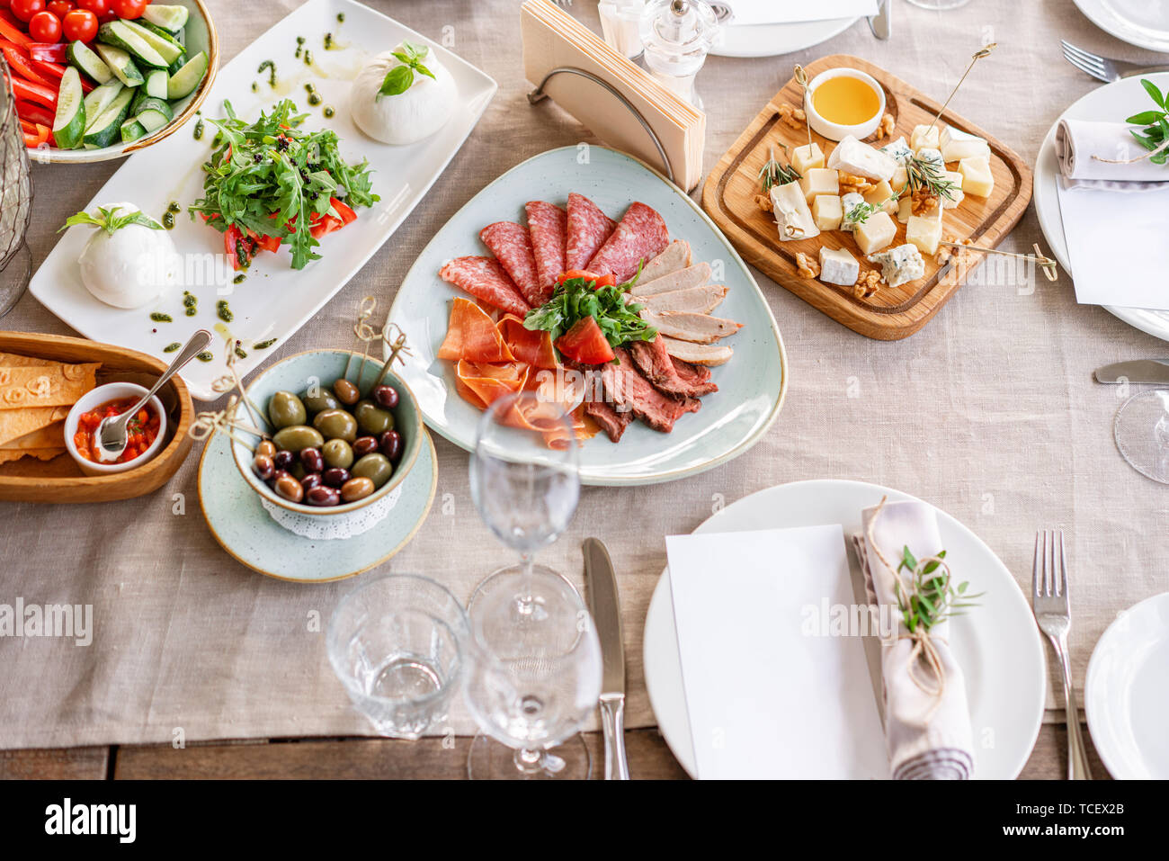 Gala dinner, serving table for birthday or wedding. Different meals for ...