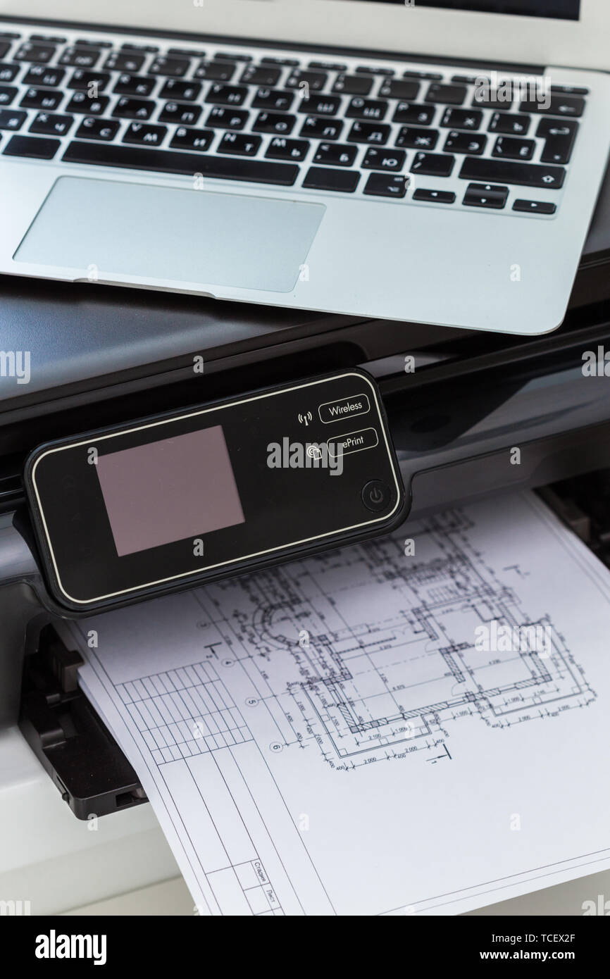 Printer and computer. Office table Stock Photo - Alamy