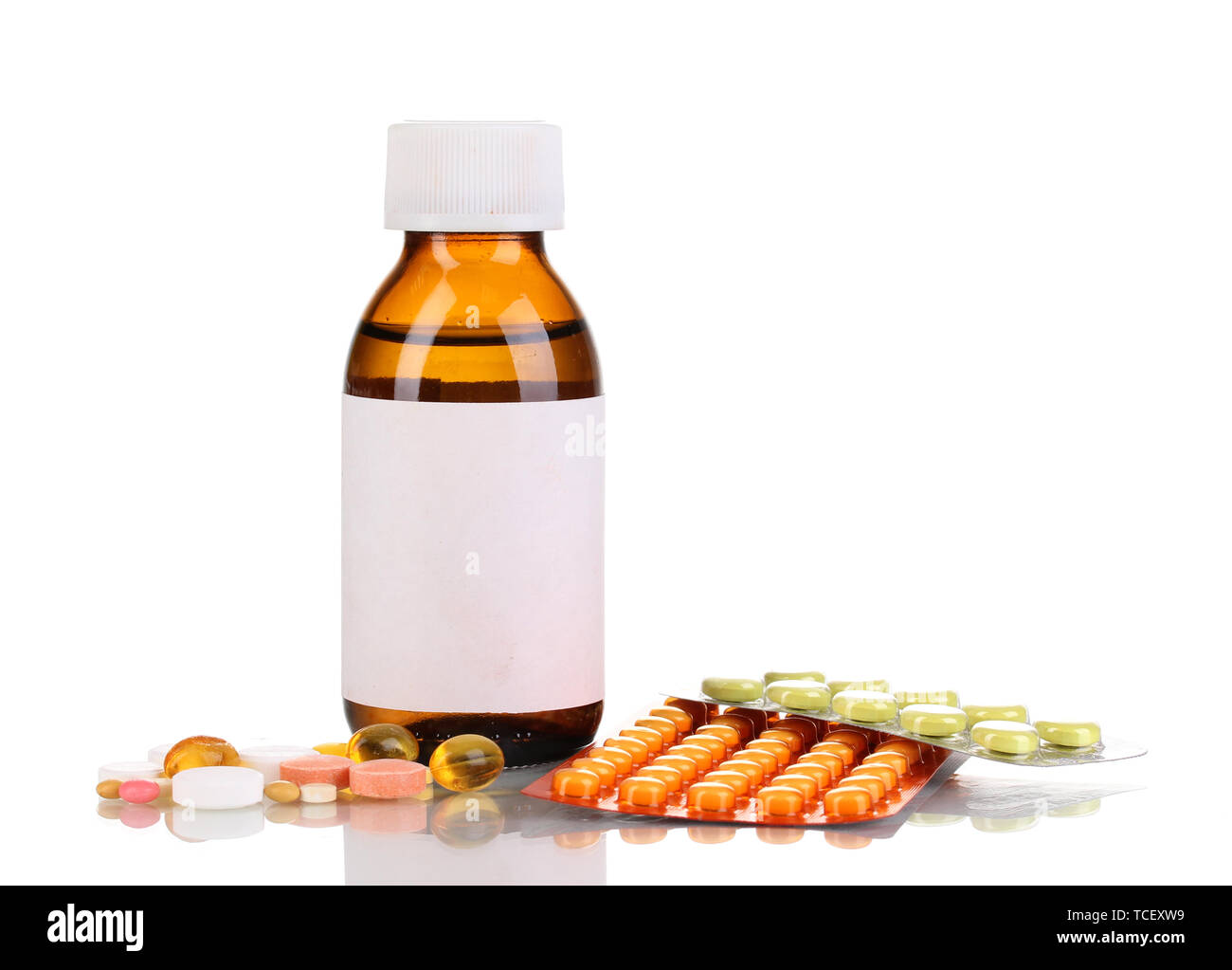 Medical bottle and tablets isolated on white Stock Photo - Alamy