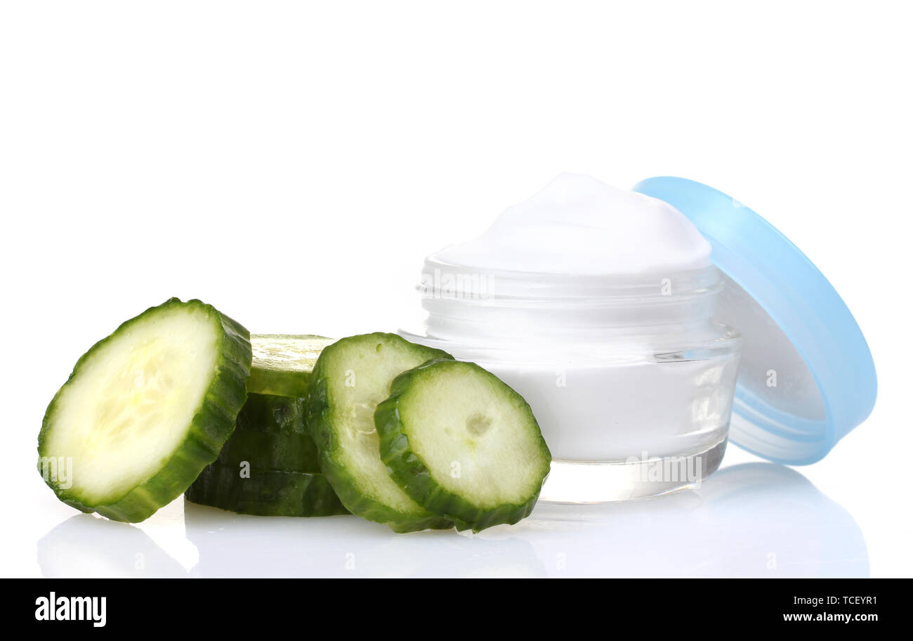 cream and fresh sliced cucumber isolated on white Stock Photo - Alamy