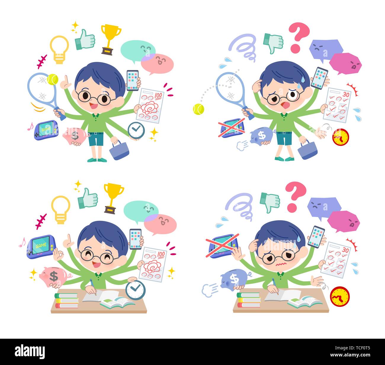 A set of boy who perform multitasking.There are things to do smoothly ...