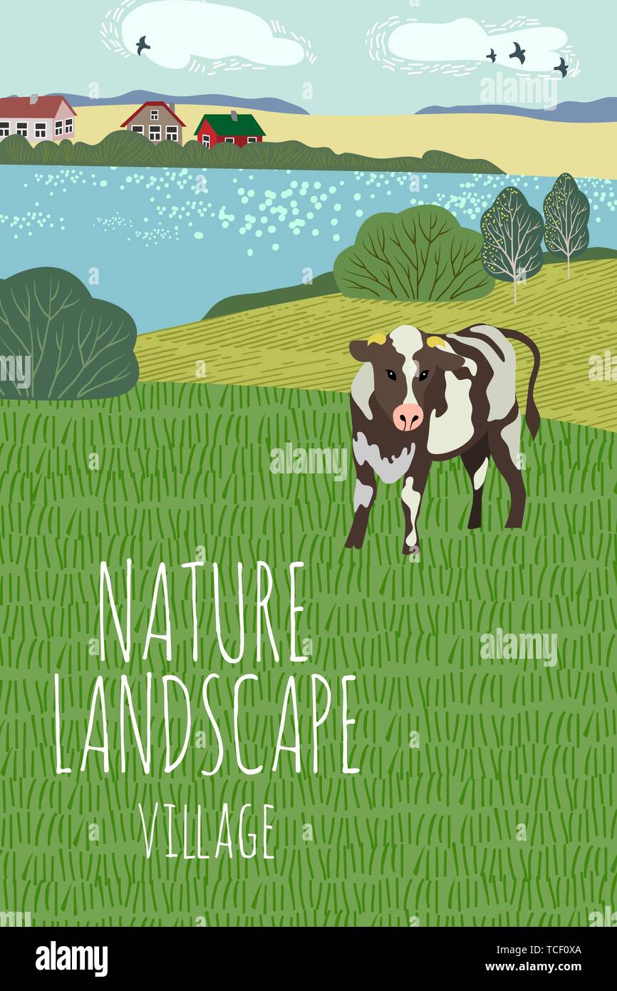 Freehand drawing of a summer day in the village. Cute flat vertical ...