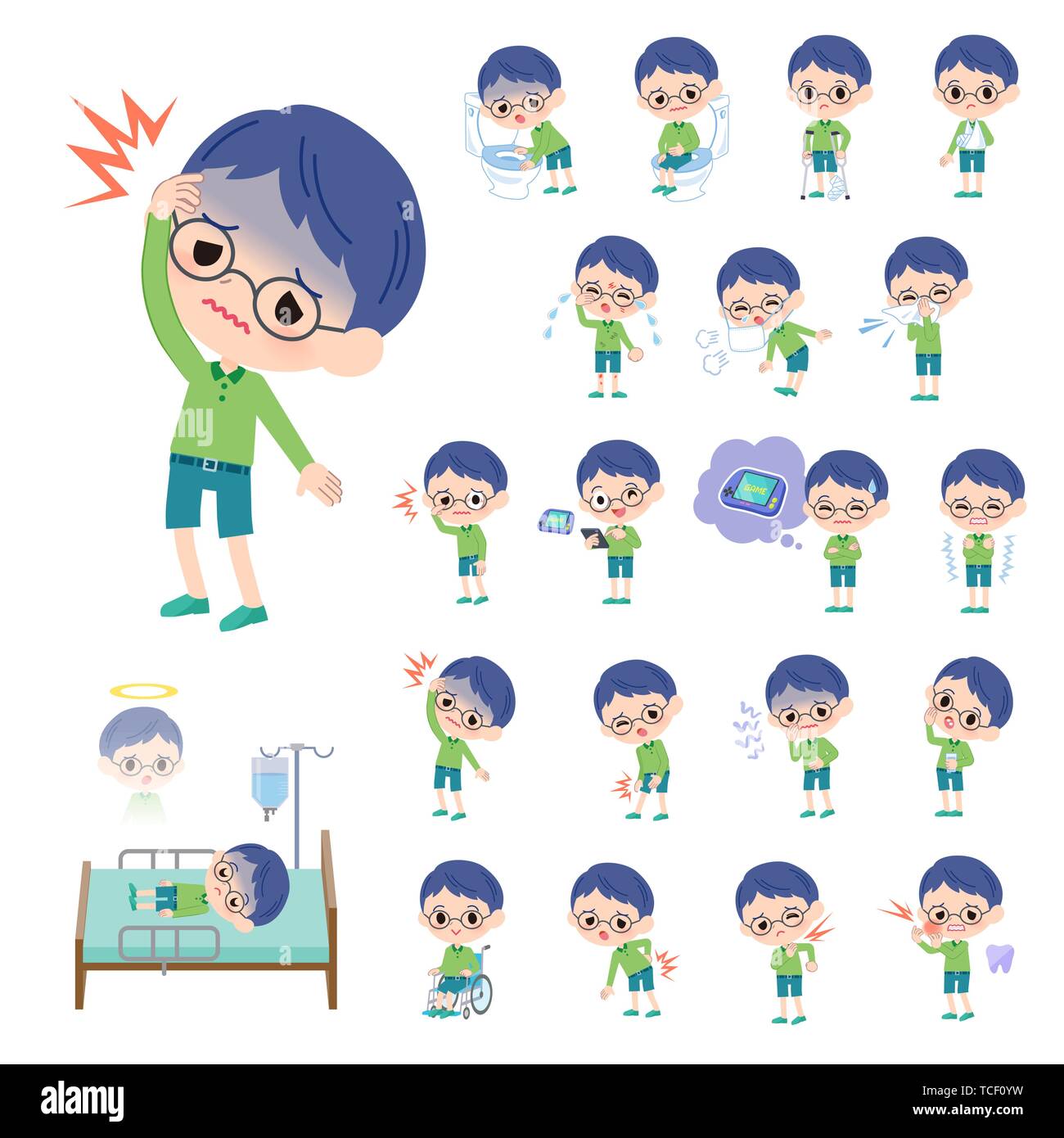 A set of boy with injury and illness.There are actions that express ...