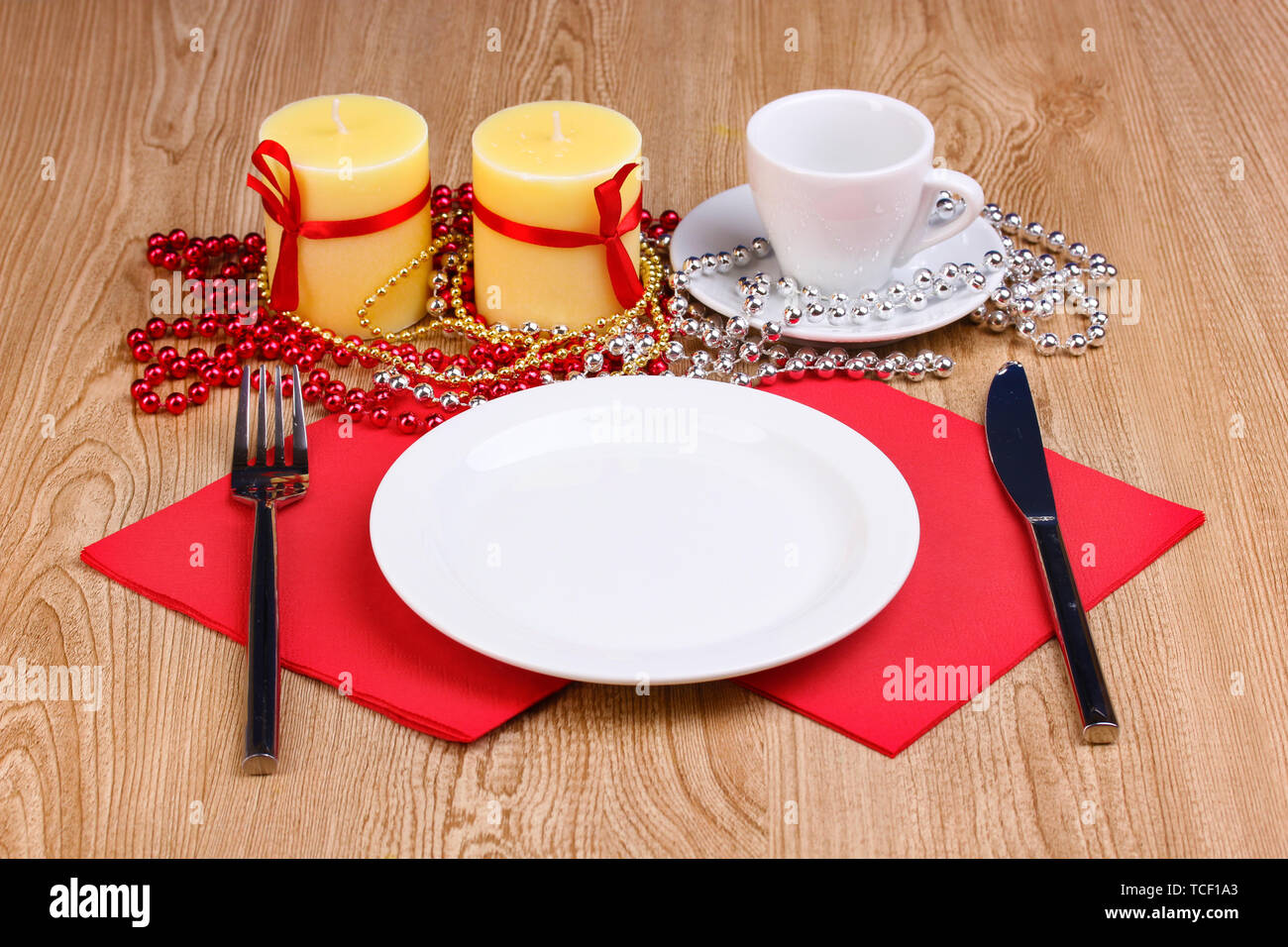 Table setting on wooden background Stock Photo - Alamy