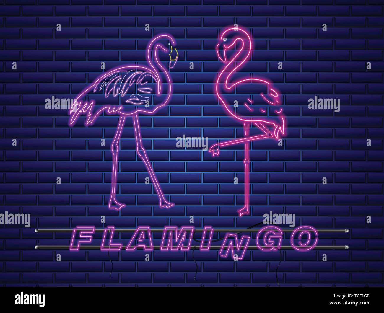 Neon flamingos banner Vector. Night club poster label. Bright glowing ...