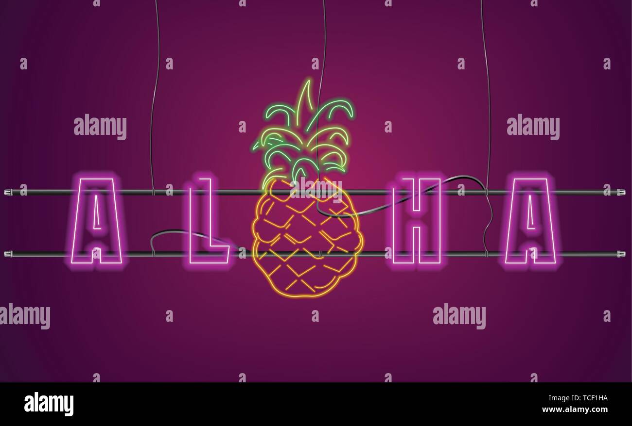 Neon text pineapple sign Vector. Aloha Summer party banner poster Stock ...