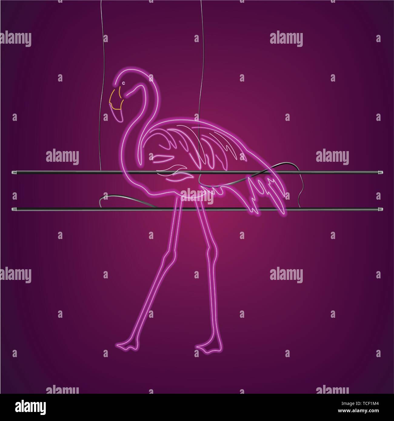 Neon flamingo sign with supports Vector. Night club poster label ...