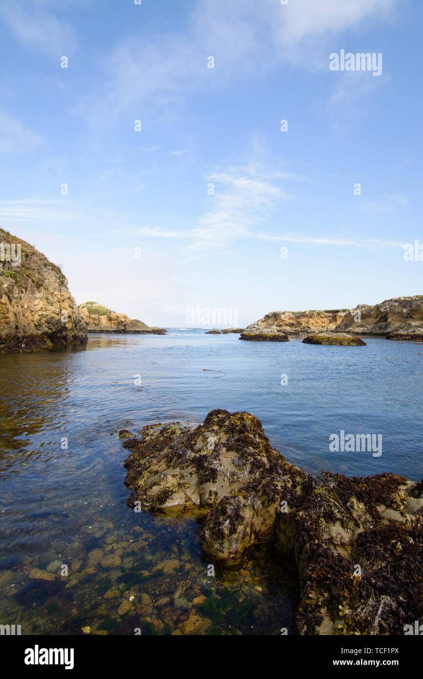 Low tide exposes rocks and produces calm ocean waters and tidal pools ...