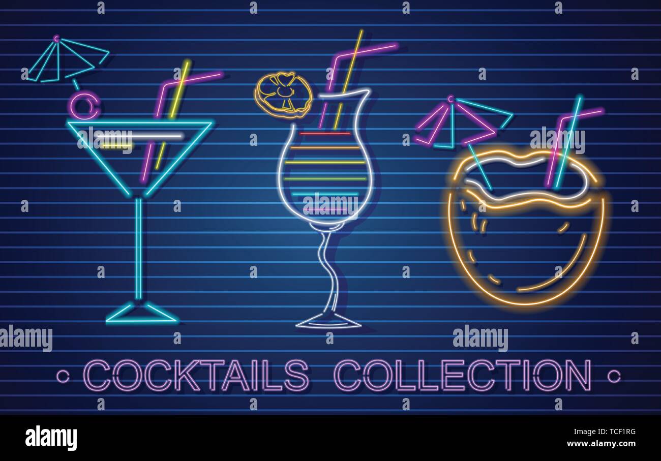 Cocktails set neon Vector. Summer tropic drink banner poster Stock ...