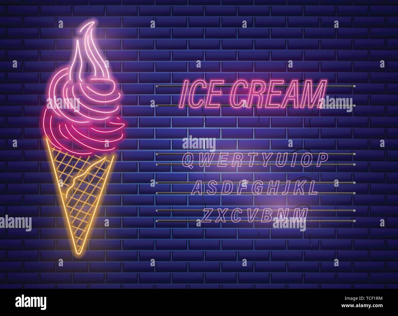 Ice cream cone neon Vector. Delicious dessert design label poster Stock ...