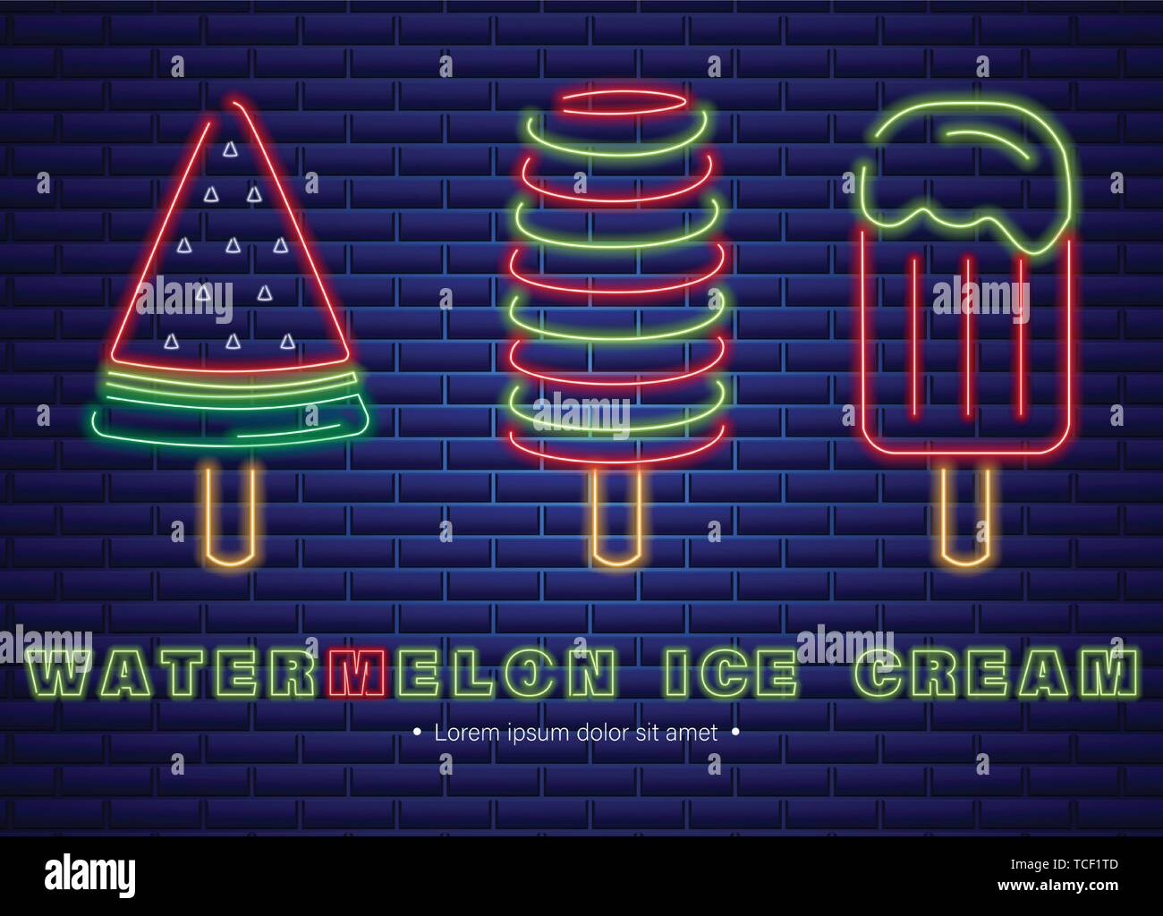 Watermelon ice cream neon Vector. Delicious dessert design label poster ...