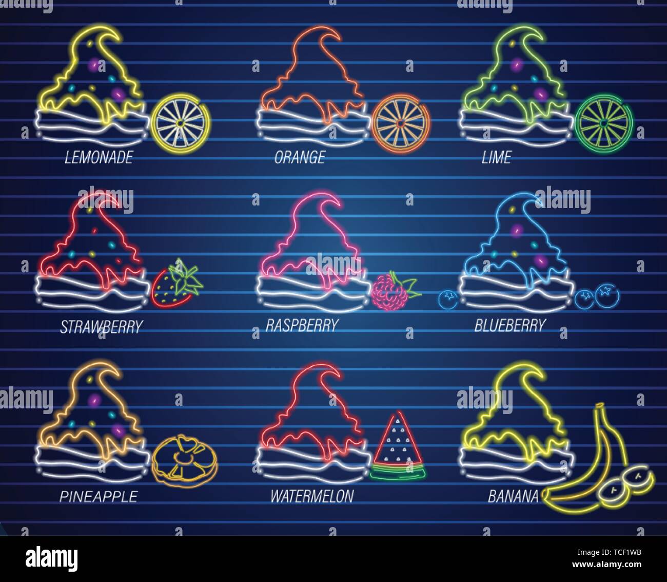 Ice cream topings neon set collection Vector. Delicious dessert design ...