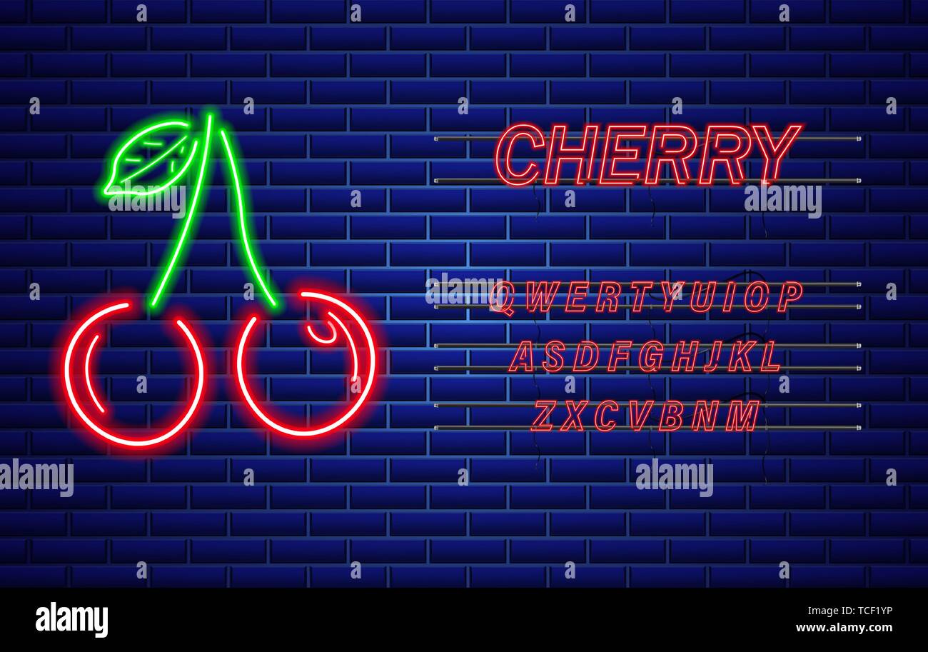 Neon cherry Vector sign. Red fruits with text. Bright glowing signboard ...