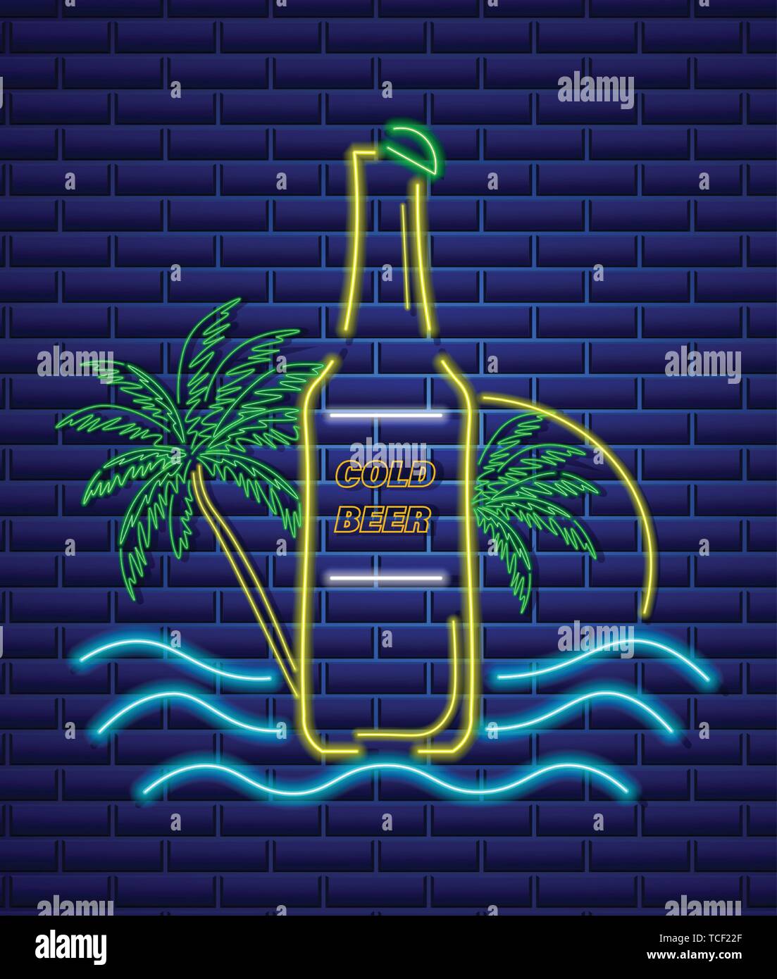 Beer bottle neon sign Vector. Summer icon tropic background Stock ...