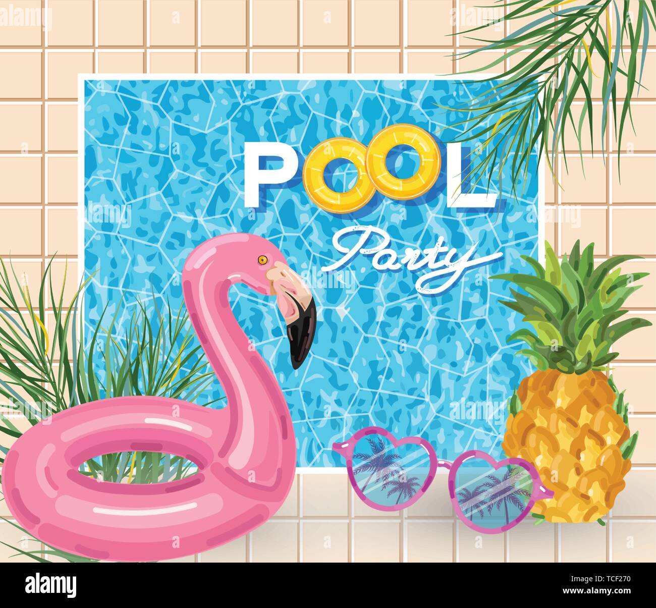 Summer Pool Party Poster With Flamingo Lifering Vector Summer Banner