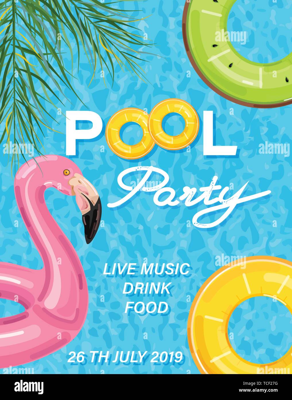 Summer Pool Party Poster With Flamingo Lifering Vector Summer Banner