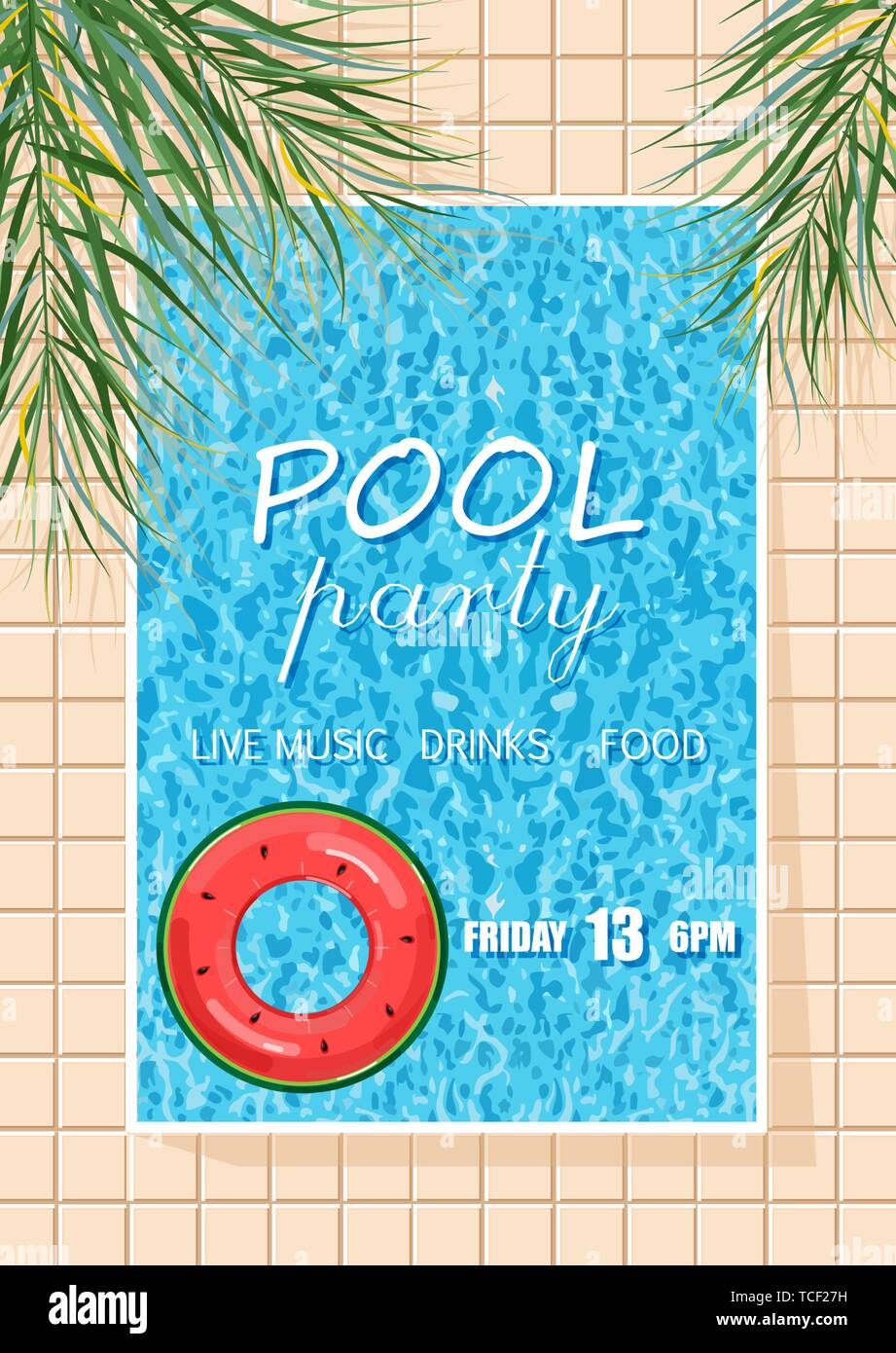 Summer pool party poster Vector. Summer banner blue water background ...