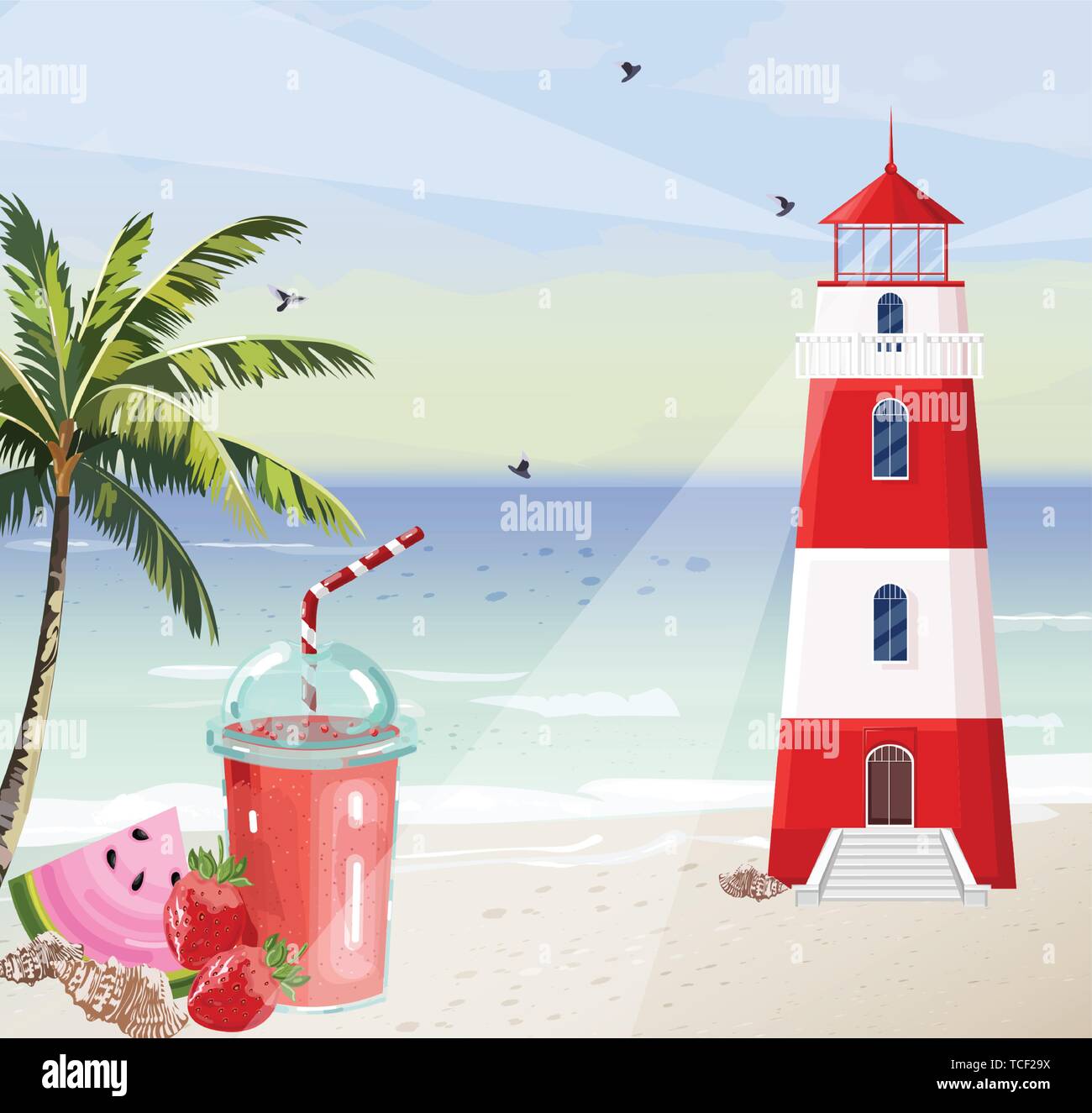 Summer seaside with Lighthouse Vector. Red tower symbol cocktails and ...