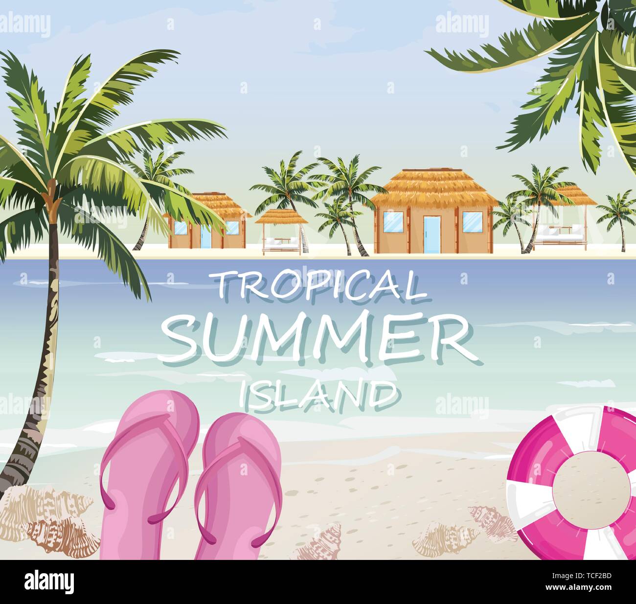 Pink flipflops at sea. Summer seaside banner Vector. Colorful travel ...