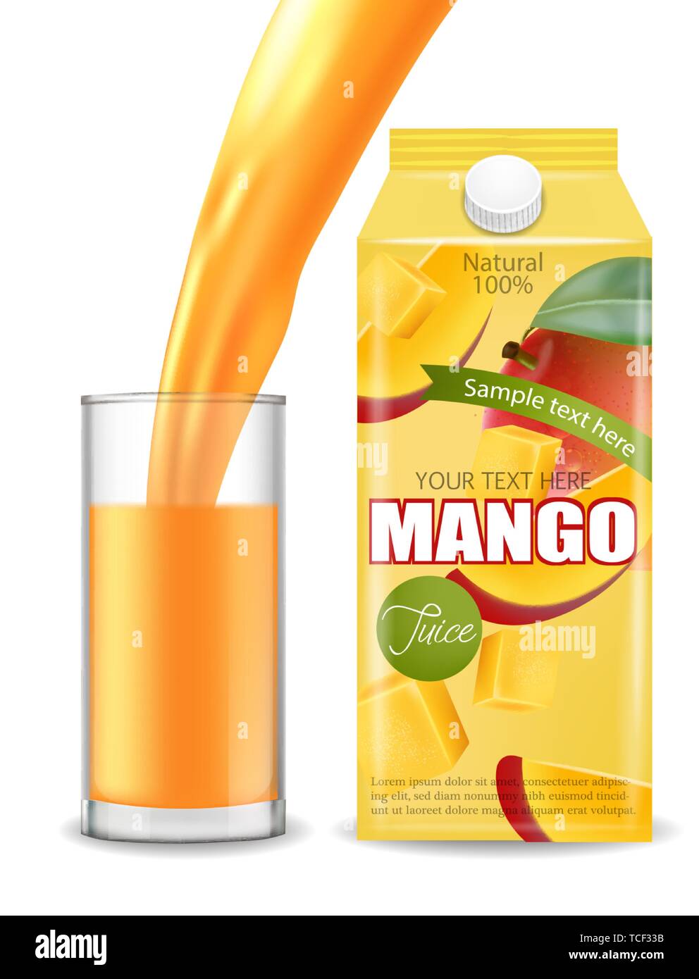 Mango juice Vector realistic. Product placement mock up. Pouring drink ...