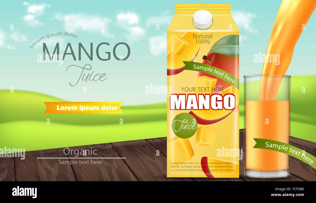 Mango juice Vector realistic. Product placement mock up. Pouring drink ...