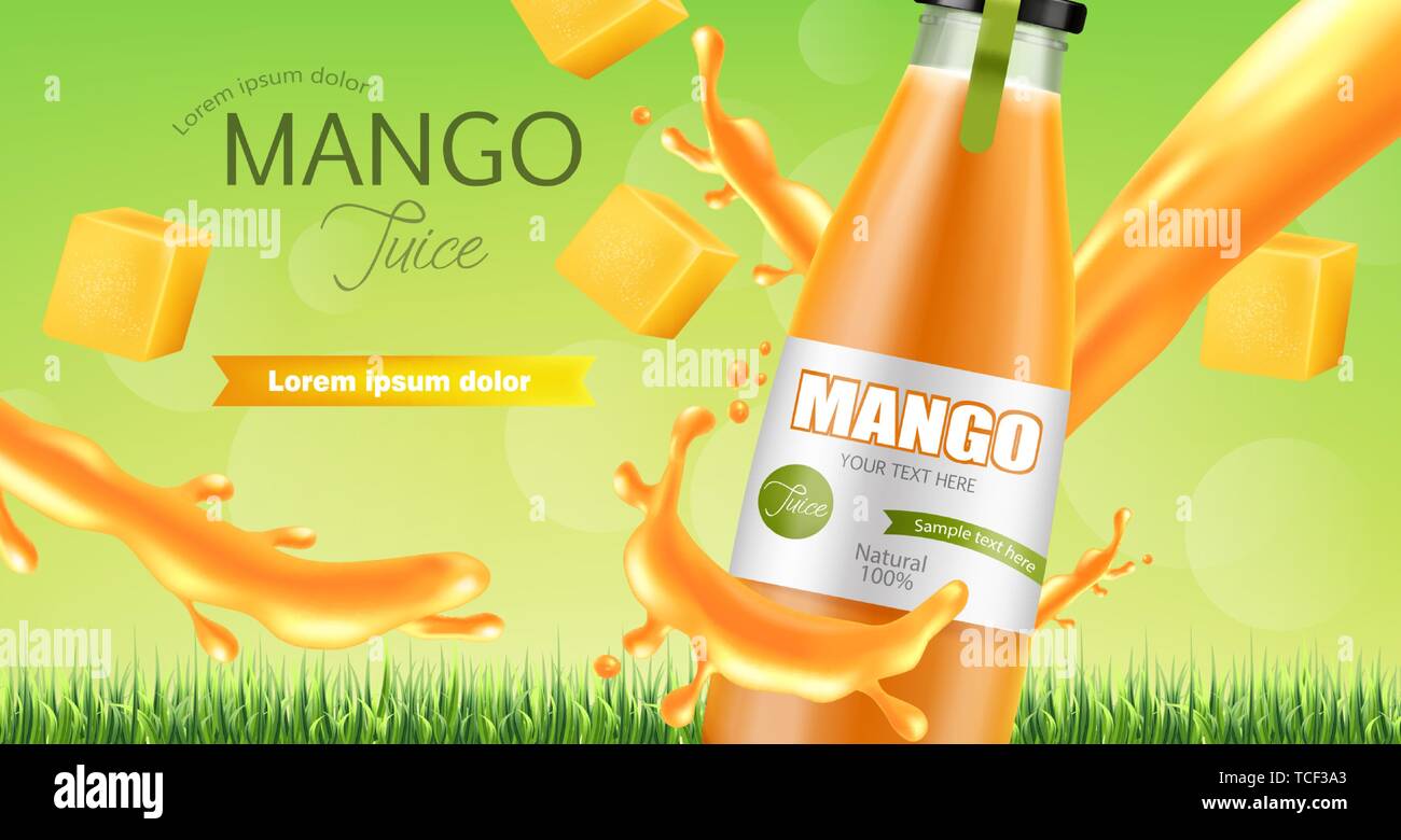 Mango juice splash Vector realistic. Product placement mock up ...