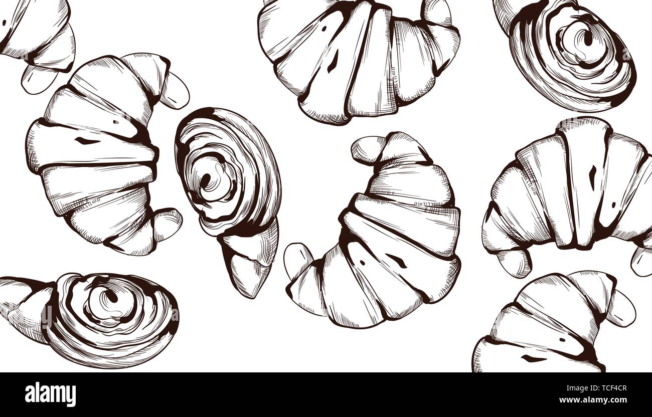Croissant pattern Vector line art style. Ice cream, croissant, pancakes ...