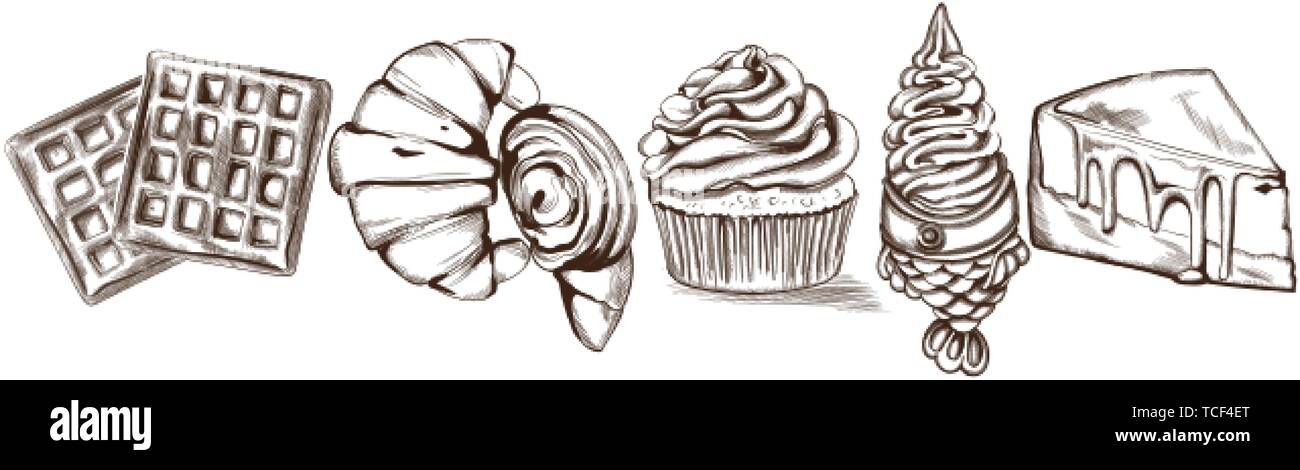 Sweets pattern Vector line art style. Ice cream, croissant, pancakes ...