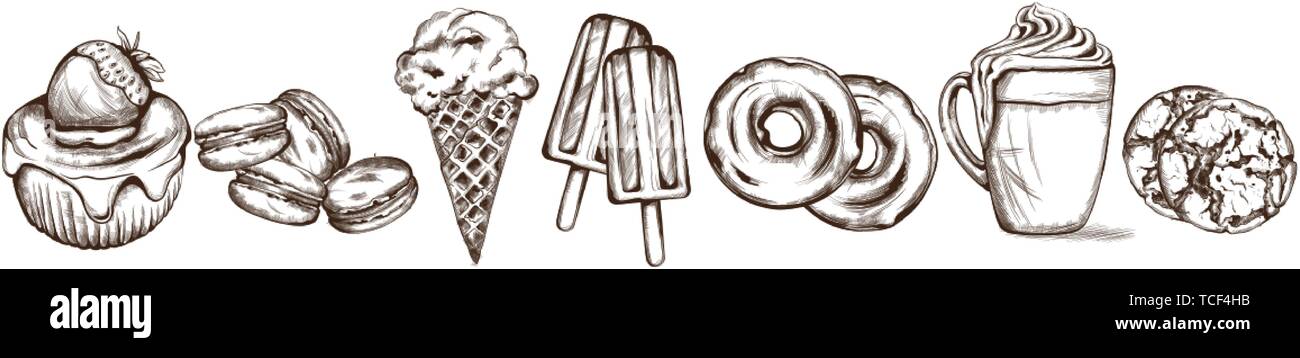 Sweets pattern Vector line art style. Ice cream, croissant, pancakes ...