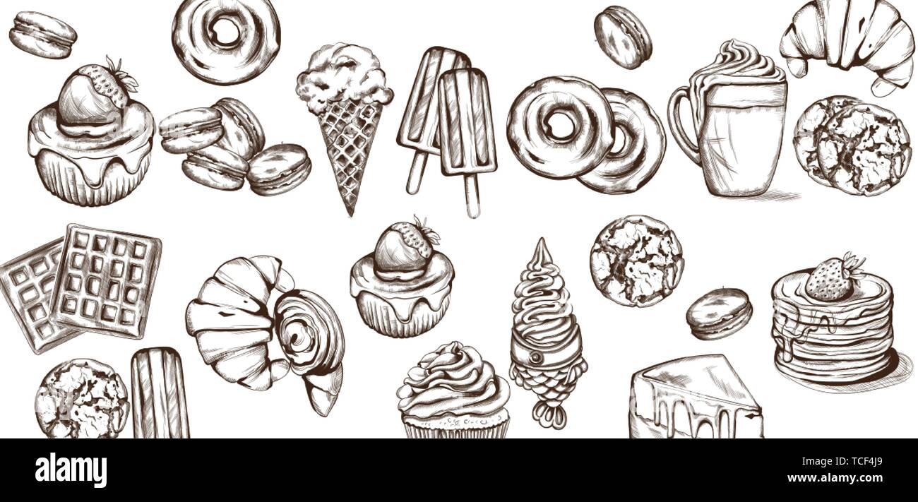 Sweets pattern Vector line art style. Ice cream, croissant, pancakes ...